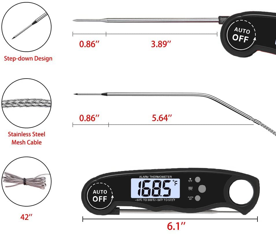 2 in 1 Digital Meat Thermometer for Cooking,Instant Read Food Thermometer for BBQ Grilling,Magnet Foldable Oven Food Thermometer with Calibration,Backlight (Black)