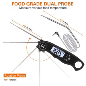 2 in 1 Digital Meat Thermometer for Cooking,Instant Read Food Thermometer for BBQ Grilling,Magnet Foldable Oven Food Thermometer with Calibration,Backlight (Black)