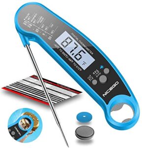 nicego digital instant read meat thermometer with probe fast waterproof thermometer with back light and calibration. digital food thermometer for cooking, kitchen, outdoor cooking, bbq grill. (blue)