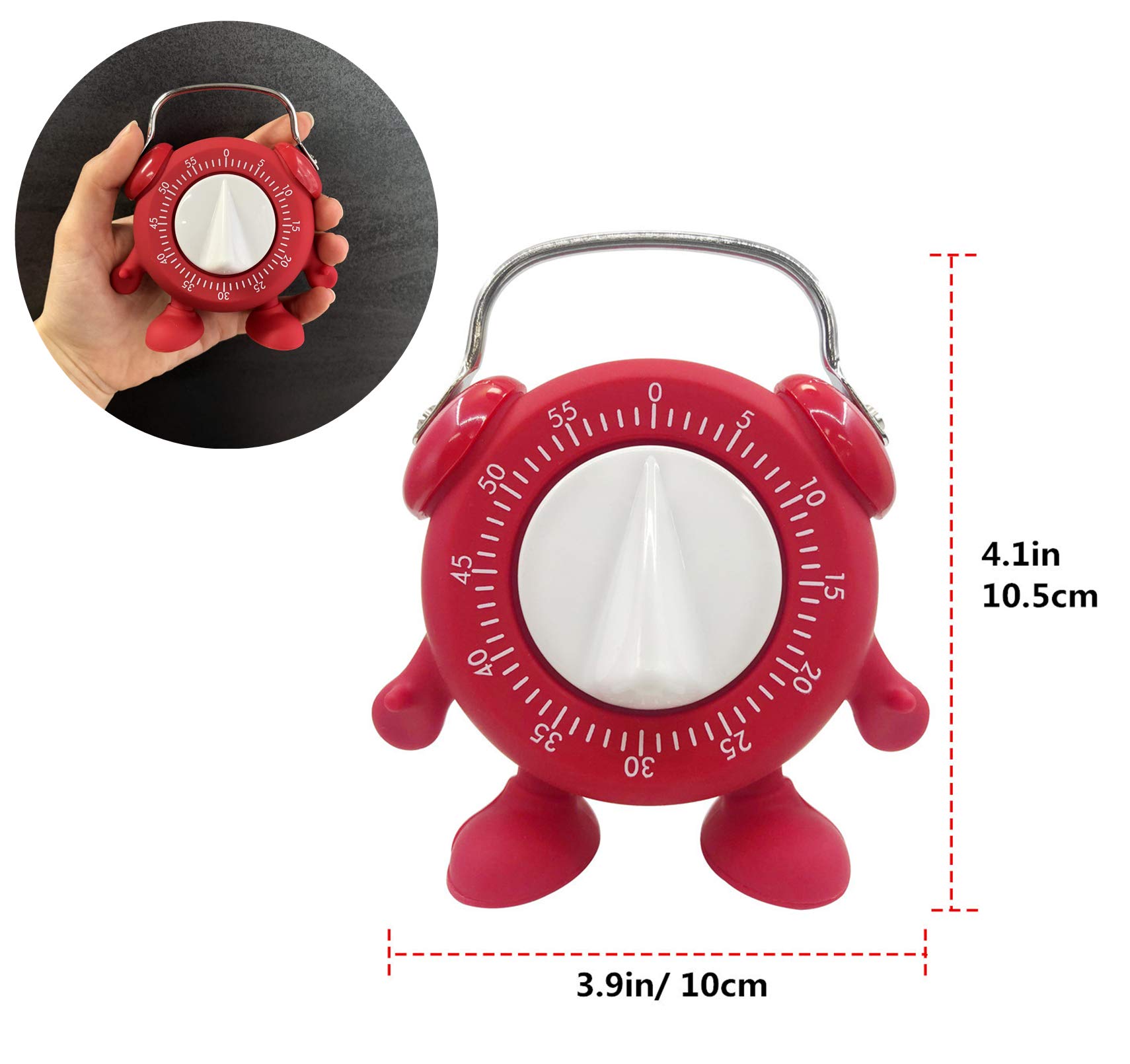 Vinseen Timer, for Kitchen Baking Teaching Cooking Egg Potty Training for Kids Cute 60 Mins Twist Wind-Up Mechanical Timer with Ring Alert, No Battery (Red)