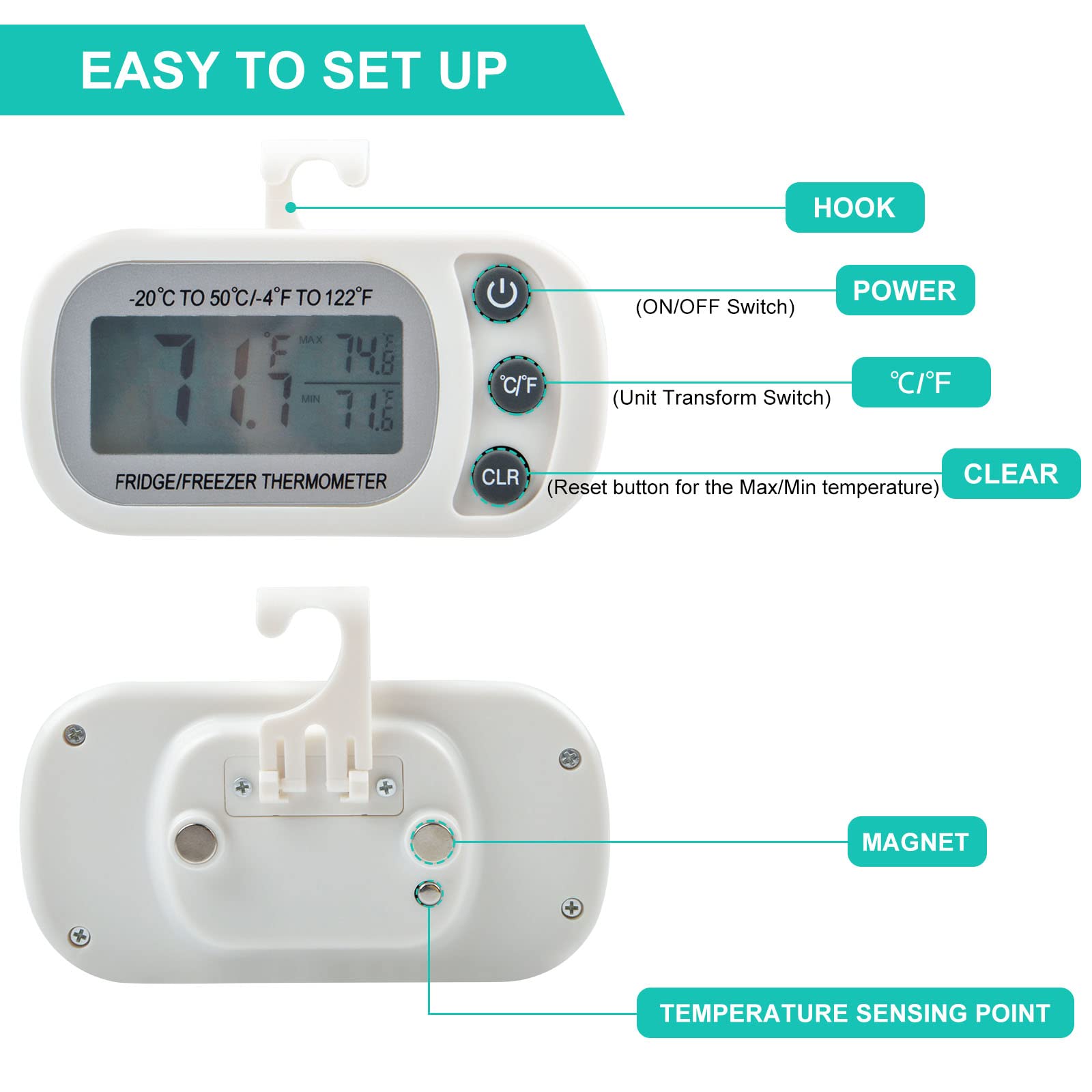 Refrigerator Thermometer Digital Freezer Room Thermometer, Waterproof Fridge Thermometer with Magnetic Back, Max/Min Record Function with Large LCD Display for Kitchen Restaurants White