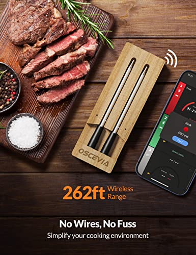 Smart Meat Thermometer, OSCEVIA 2-Probe Food Thermometer with Smart Alert, 262ft Wireless Range, IP67 Waterproof, Magnetic Design for BBQ, Kitchen, Air Fryer, Garden, Oven, Grill, Rotisserie