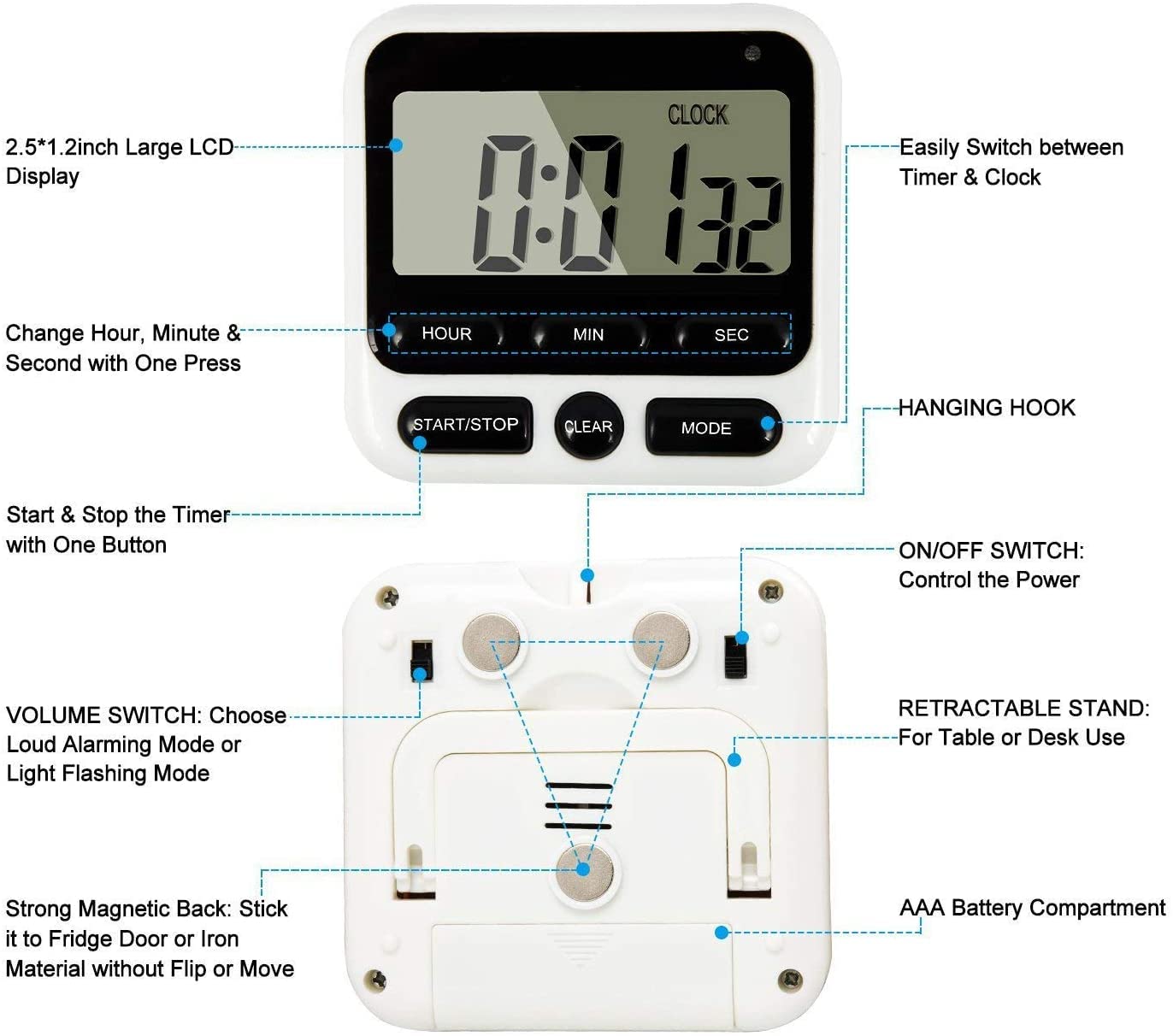 QUMOX Large LCD Digital Kitchen Timer Countdown Up Alarm Clock 24 Hours Magnetic HX106