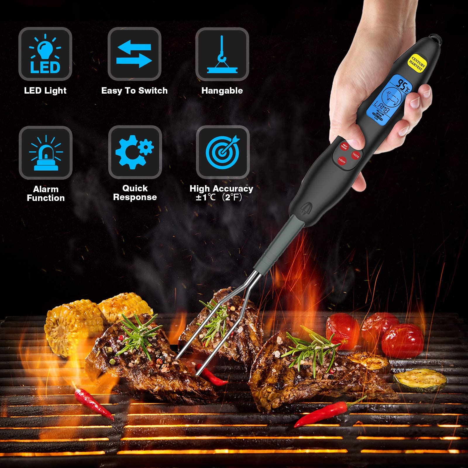 GEMITTO Digital Meat Thermometer with Probe for Grilling and Smoking, Instant Read Food Thermometer Fork, Cooking Food Kitchen Thermometer Wireless for Grill BBQ Smoker Oven Oil Steak