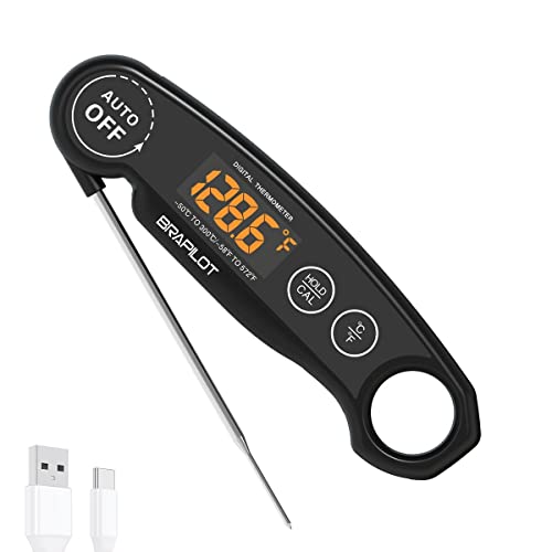 BRAPILOT Meat Thermometer Rechargeable for Cooking - 3~4S Instant Read Candy Cooking Food Thermometer, LED Display, Temperature Calibration Waterproof for Oil Deep Fry BBQ Grill Smoker (Black)