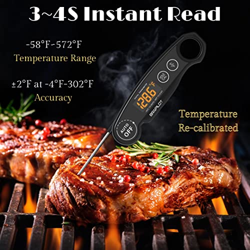 BRAPILOT Meat Thermometer Rechargeable for Cooking - 3~4S Instant Read Candy Cooking Food Thermometer, LED Display, Temperature Calibration Waterproof for Oil Deep Fry BBQ Grill Smoker (Black)