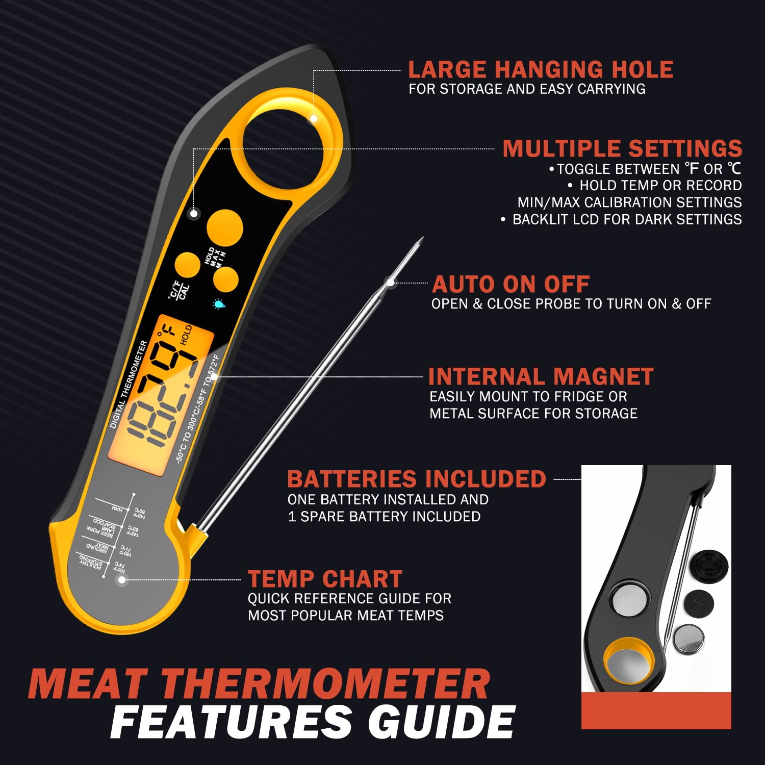 Meat Thermometer Digital, Biison Instant Read Meat Thermometer for Grilling and Cooking, Waterproof, Backlight, Ultra-Fast Accurate Food Thermometer for BBQ Grill, Liquids, Beef, Turkey, Candy（Orange）