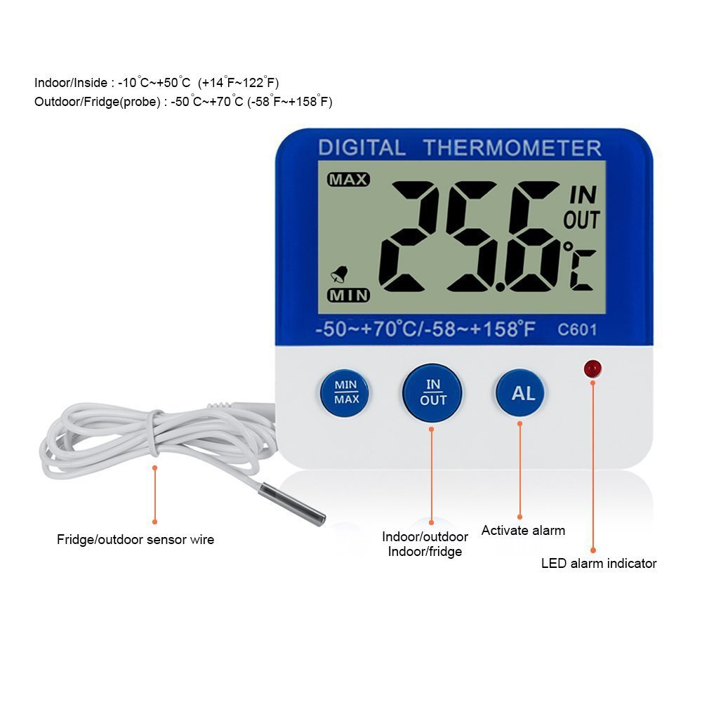 JLENOVEG Digital Freezer/Fridge Thermometer with Magnet and Stander Digital Refrigerator Thermometer with LED Alarm Indicator Max/Min Memory Freezer Thermometer