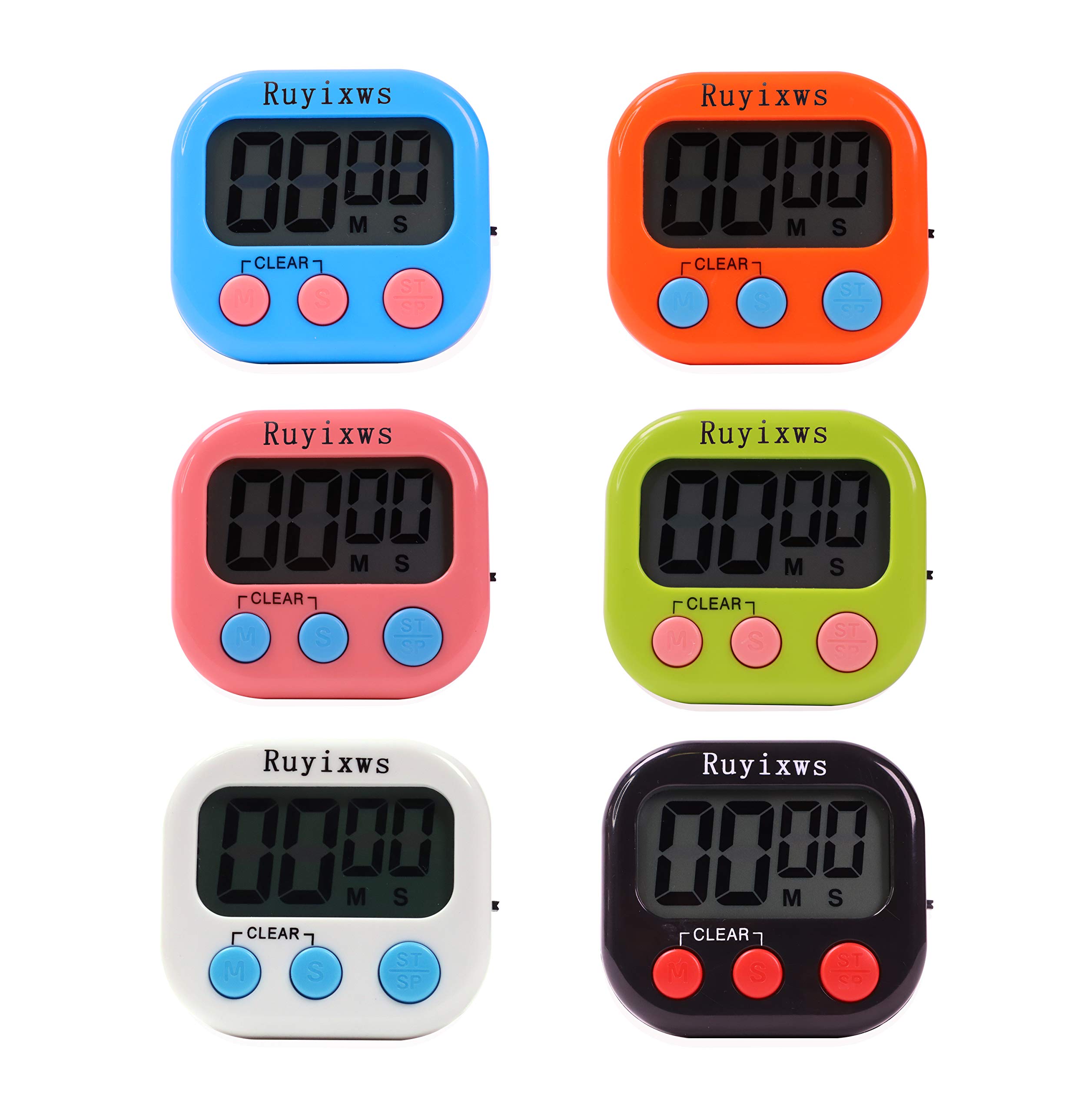 Ruyixws 6 Pack Digital Timer with Large LCD Display, Loud Alarm, Magnetic Back , Timer for Teachers Students Kids Cooking , On/Off Switch, Battery Included (6 Colors)