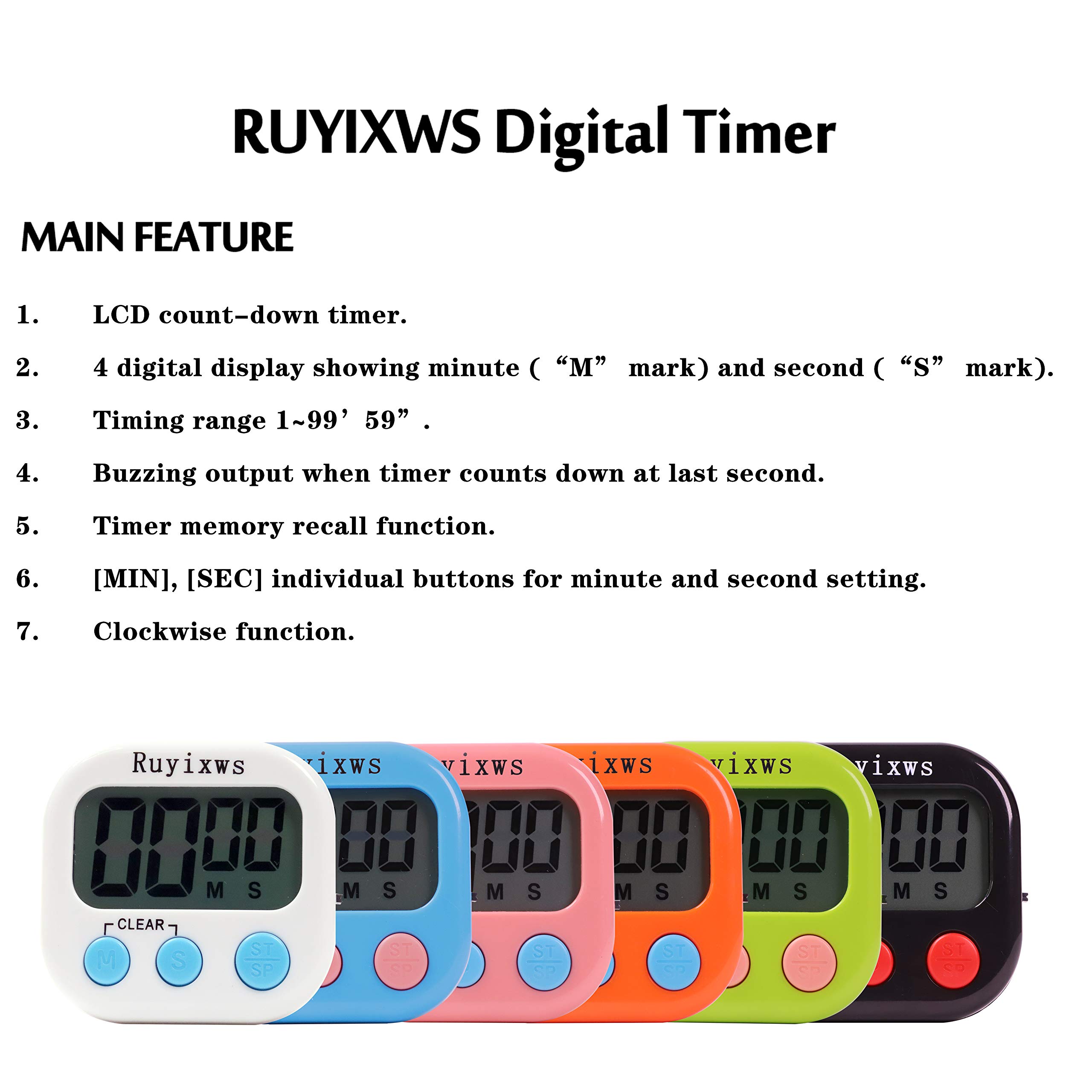 Ruyixws 6 Pack Digital Timer with Large LCD Display, Loud Alarm, Magnetic Back , Timer for Teachers Students Kids Cooking , On/Off Switch, Battery Included (6 Colors)