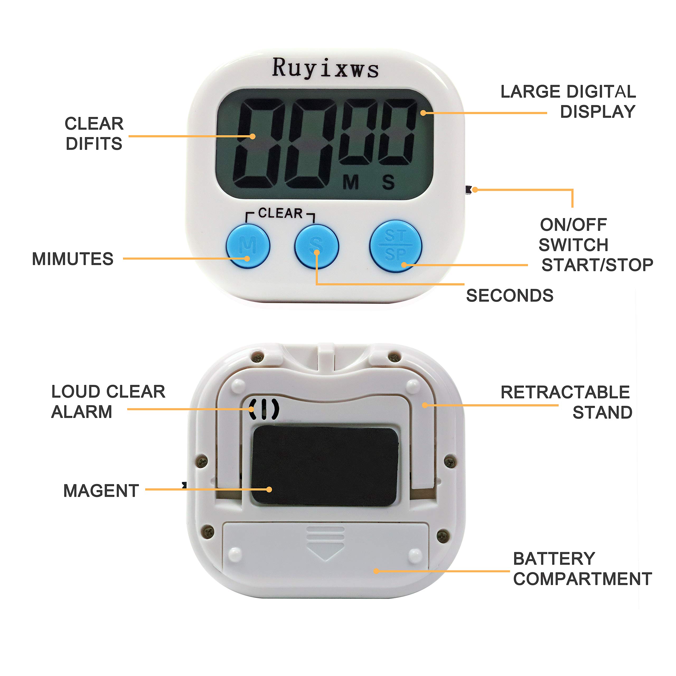 Ruyixws 6 Pack Digital Timer with Large LCD Display, Loud Alarm, Magnetic Back , Timer for Teachers Students Kids Cooking , On/Off Switch, Battery Included (6 Colors)