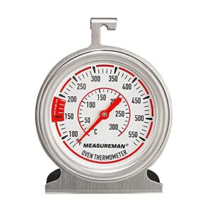 measureman oven thermometer 70mm dial size, heavy duty 304 stainless steel case and fringe, with hook, 100-550f/c, 2.5% accuracy, blow-out at back