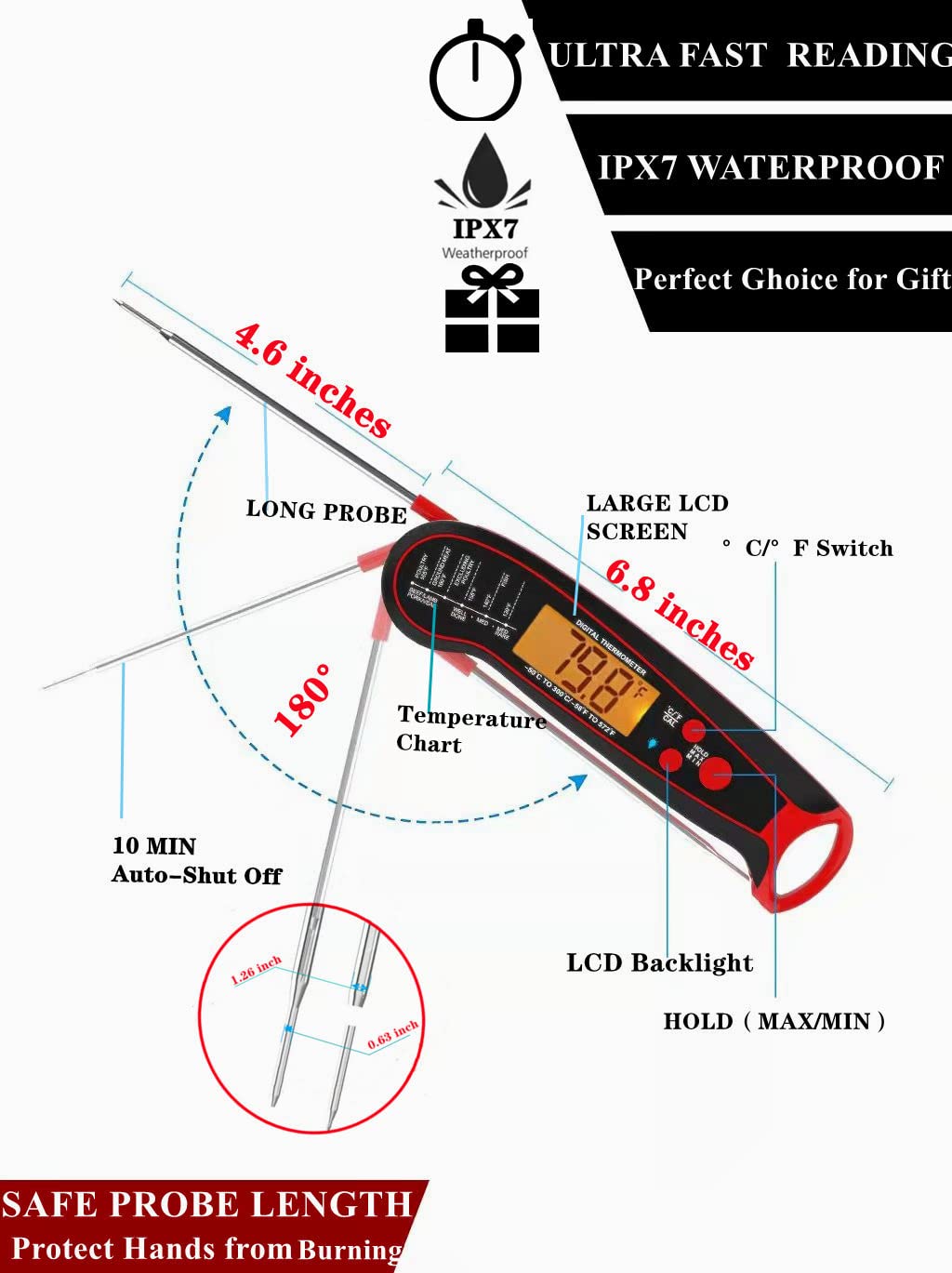 KUKVINA Instant Read Meat Thermometer for Cooking,Upgraded Waterproof Fast & Precise Digital Food Thermometer with Backlight, Magnet, Calibration, and Foldable Probe for Grill, BBQ,Roast Turkey