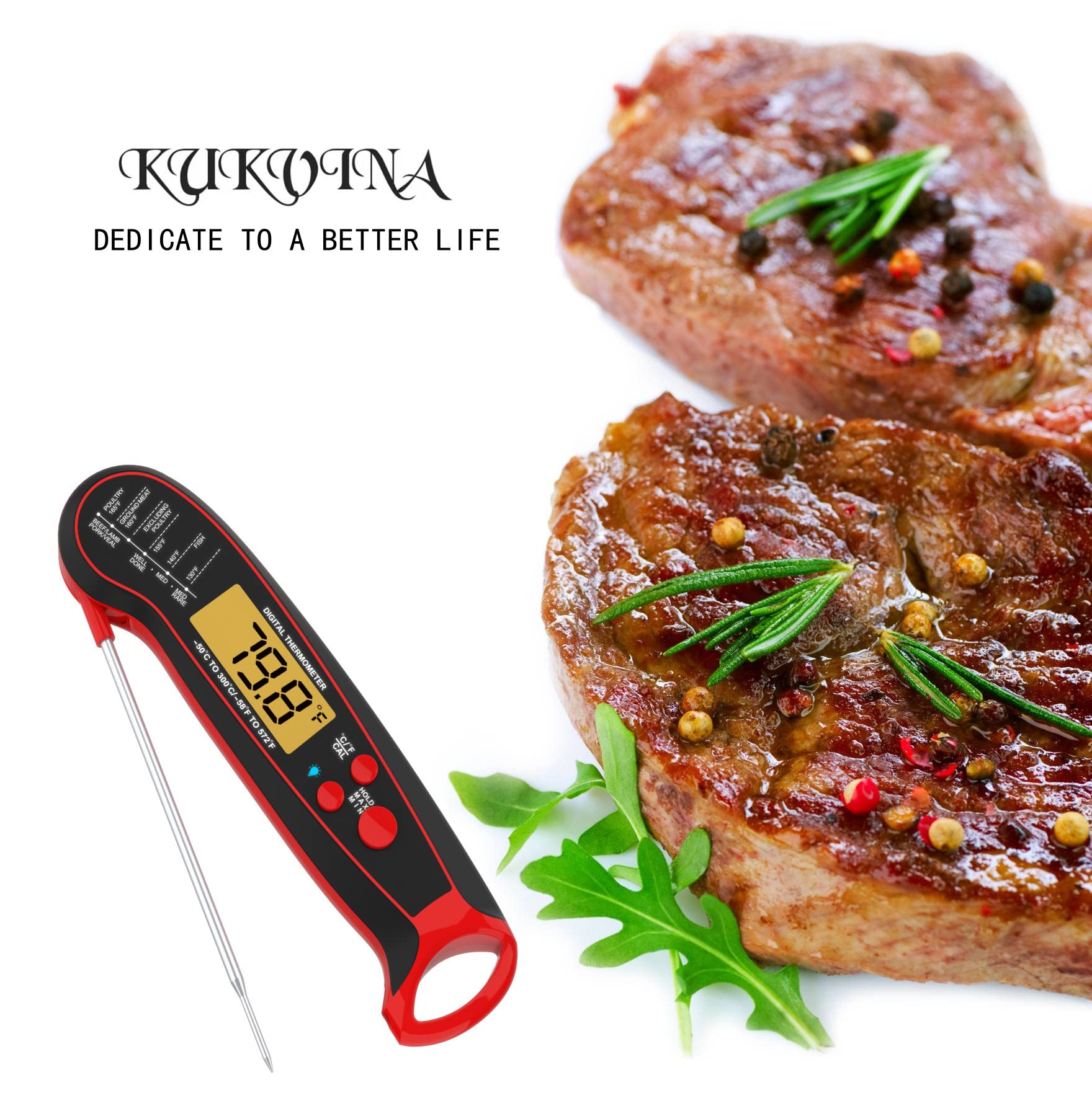 KUKVINA Instant Read Meat Thermometer for Cooking,Upgraded Waterproof Fast & Precise Digital Food Thermometer with Backlight, Magnet, Calibration, and Foldable Probe for Grill, BBQ,Roast Turkey