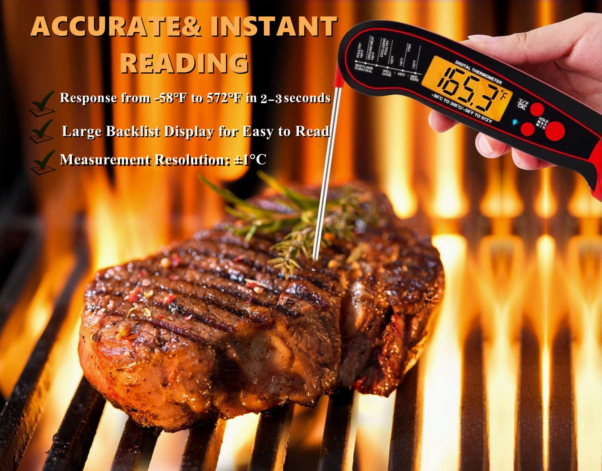 KUKVINA Instant Read Meat Thermometer for Cooking,Upgraded Waterproof Fast & Precise Digital Food Thermometer with Backlight, Magnet, Calibration, and Foldable Probe for Grill, BBQ,Roast Turkey