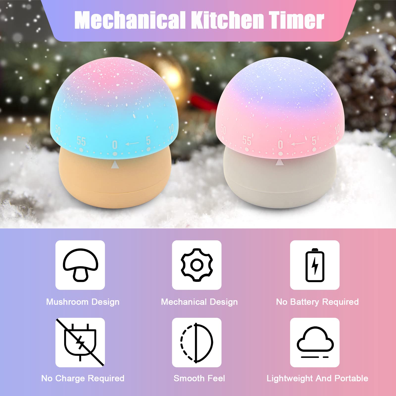 2 Pack Mushroom Kitchen Timer, Anglecai Mechanical Mushroom Timer for Kitchen Cute Cartoon 60 Minutes Wind Up Timer for Cooking, Manual Dial Rotating Countdown Egg Timer for Studying, Reading