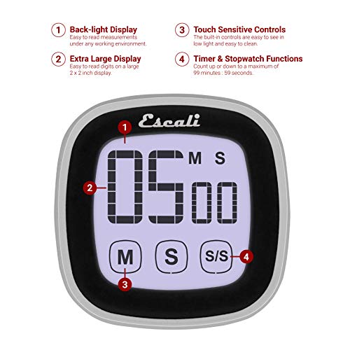 Escali Touch Screen LCD Display Digital Timer, Easy to Read and Touch Sensitive Controls Battery Saving, Black