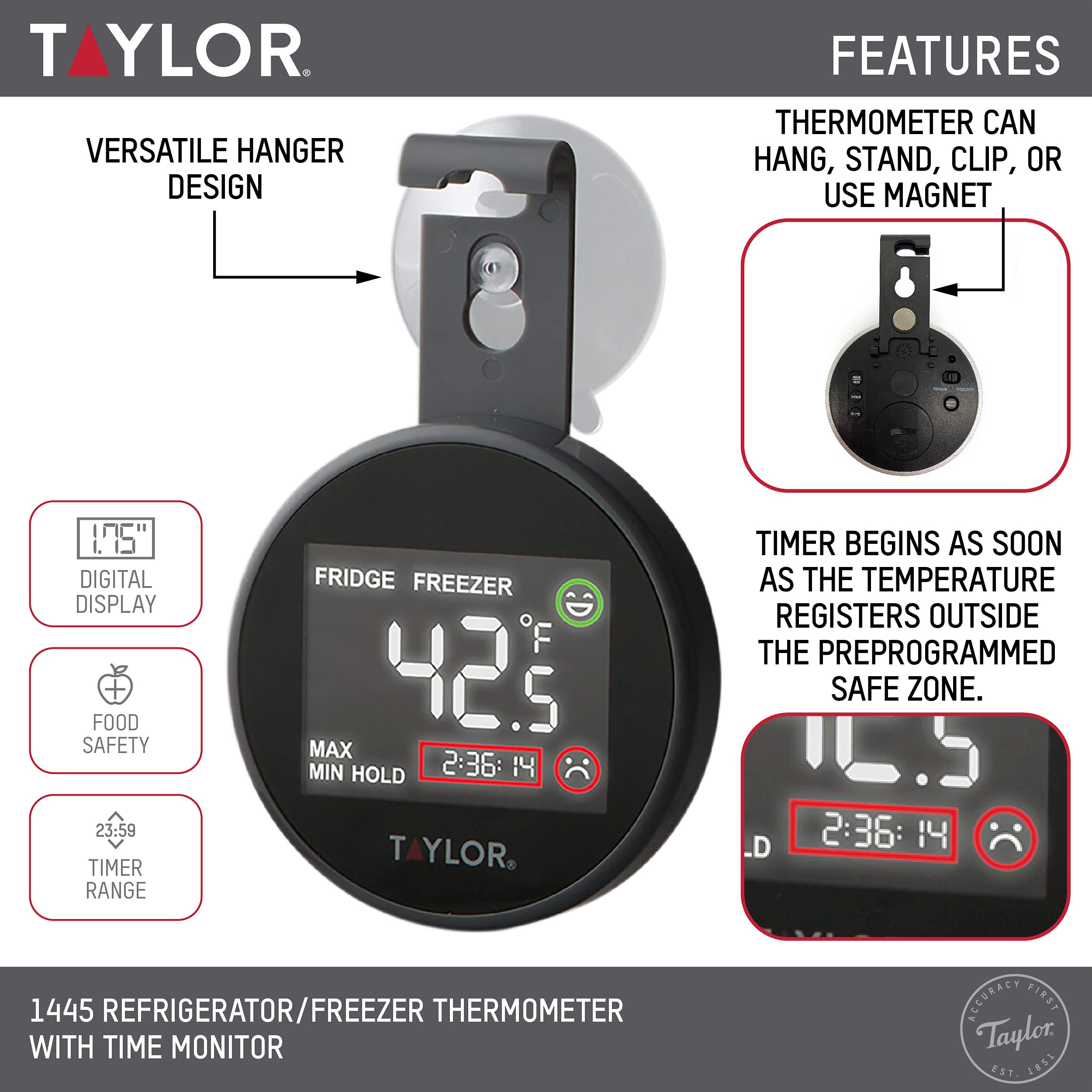 Taylor Digital Kitchen Refrigerator/Freezer Kitchen Thermometer with Time Monitor