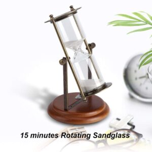 15 Minutes Hourglass Metal Glass Rotating Sand Timer with Wooden Base for Gifts Toy Home Office Desktop Decor