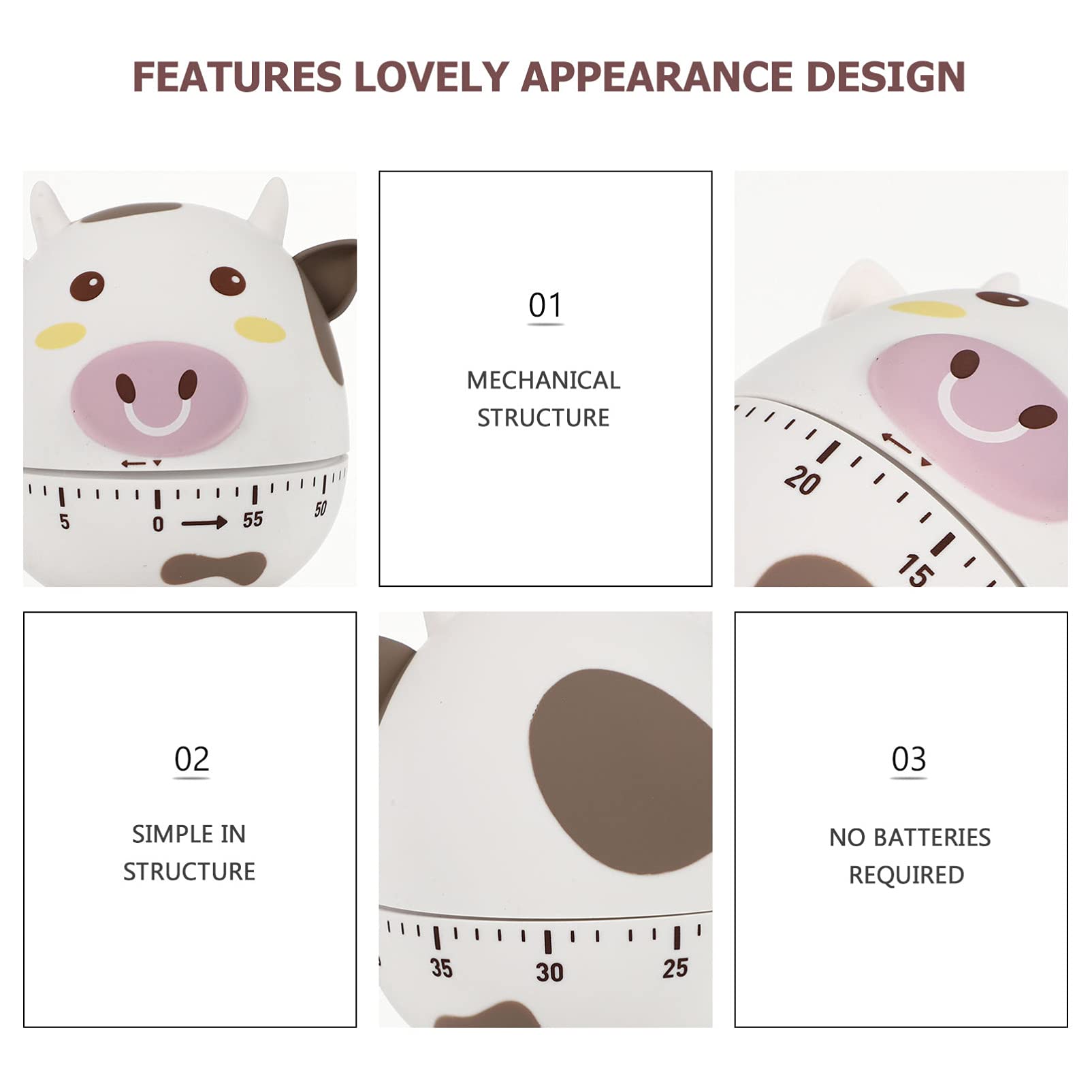 Angoily Kitchen Timers for Cooking Cute Cartoon Cow 60 Minutes Mechanical Kitchen Timer Wind Up Countdown Timer for Kitchen Baking Cooking (White)