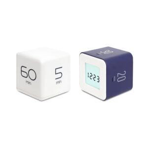 mooas cube timers white (5,15,30 and 60 minutes) & multi cube violet (5,10,20 and 30 minutes) bundle, time management, time for studying, cooking and workout, kids timer