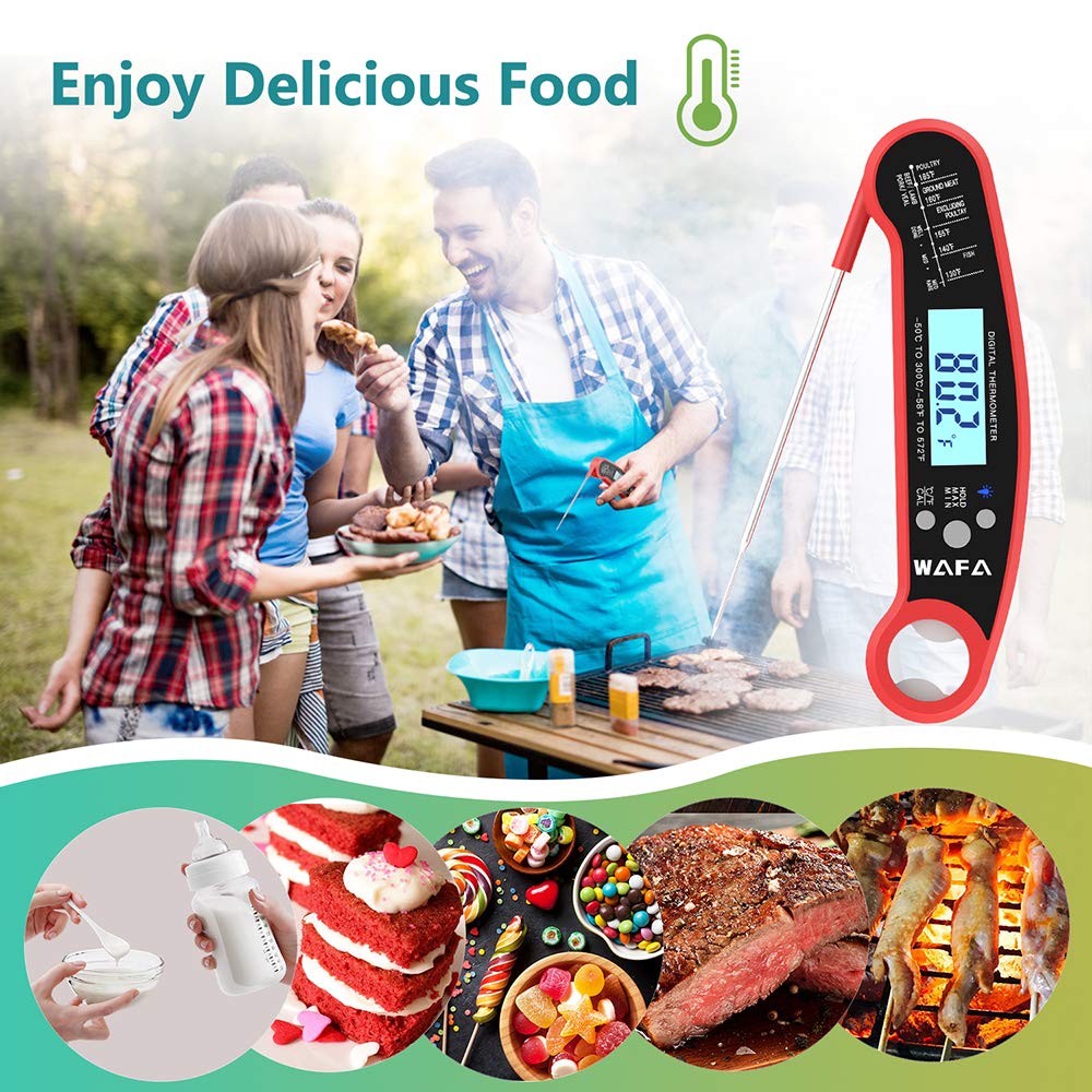 WAFA Instant Read Meat Thermometer, Waterproof Ultra Fast Cooking Thermometer with Bottle Opener Backlight and Calibration, Digital Food Thermometer for Kitchen, Outdoor Cooking, Grill and BBQ