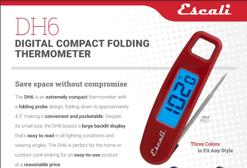 Escali Compact Portable Meat Candy Folding Digital Thermometer, Backlit Display Easy to Storage with Magnet, Red