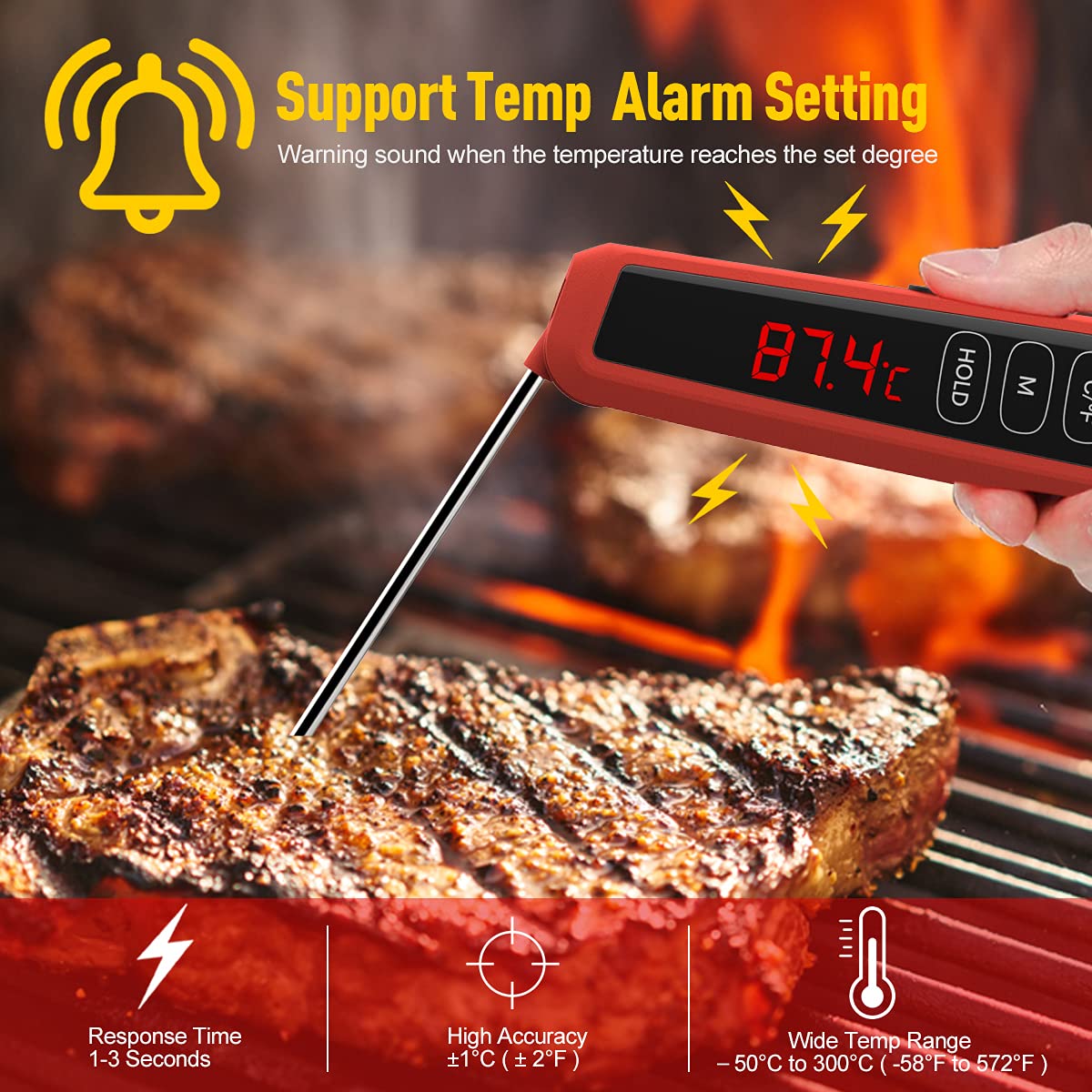 Digital Instant Read Meat Thermometer for Kitchen, Waterproof & Ultra Fast Thermometer with Backlight & Foldable Probe for Outdoor Cooking, Deep Fry, Grilling, BBQ, Gift (Red)