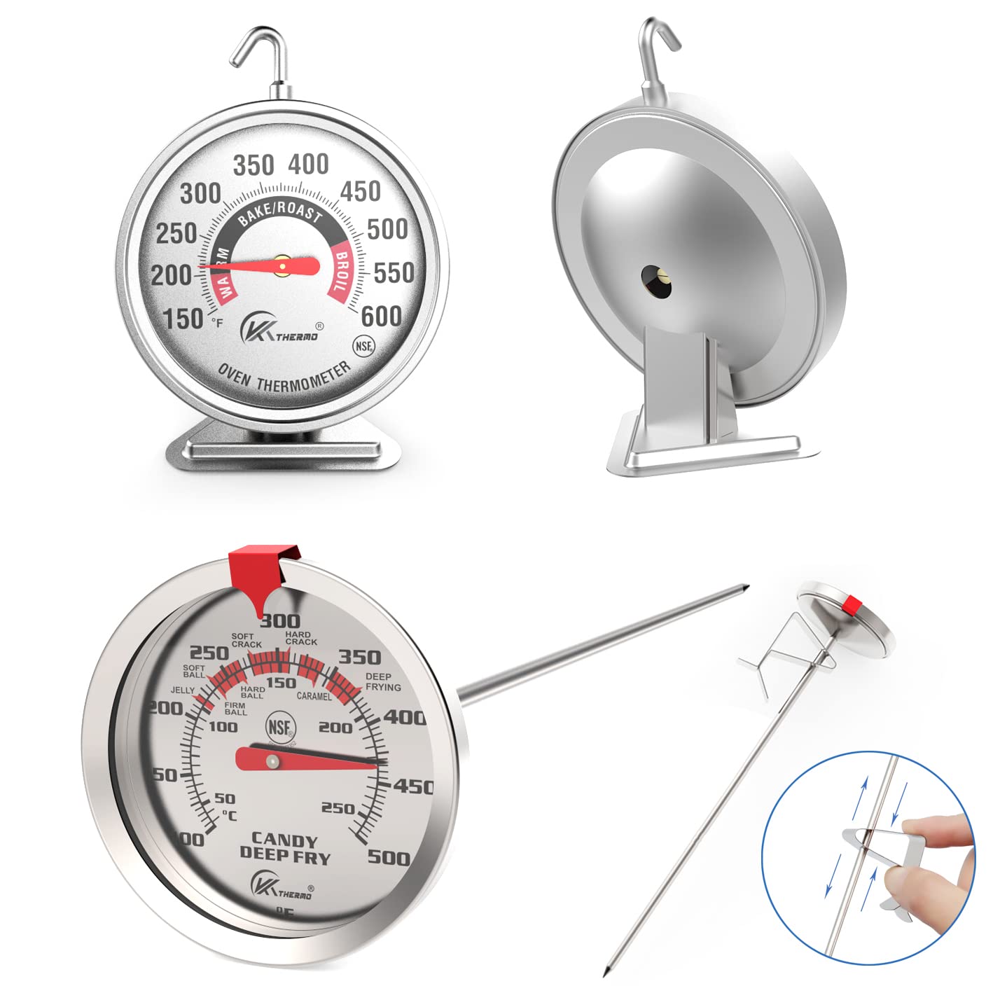 Oven Thermometers and Candy Thermometer with 8” Probe Waterproof dial, no Battery Required, Fast Instant Read Large 2.5" dial, …