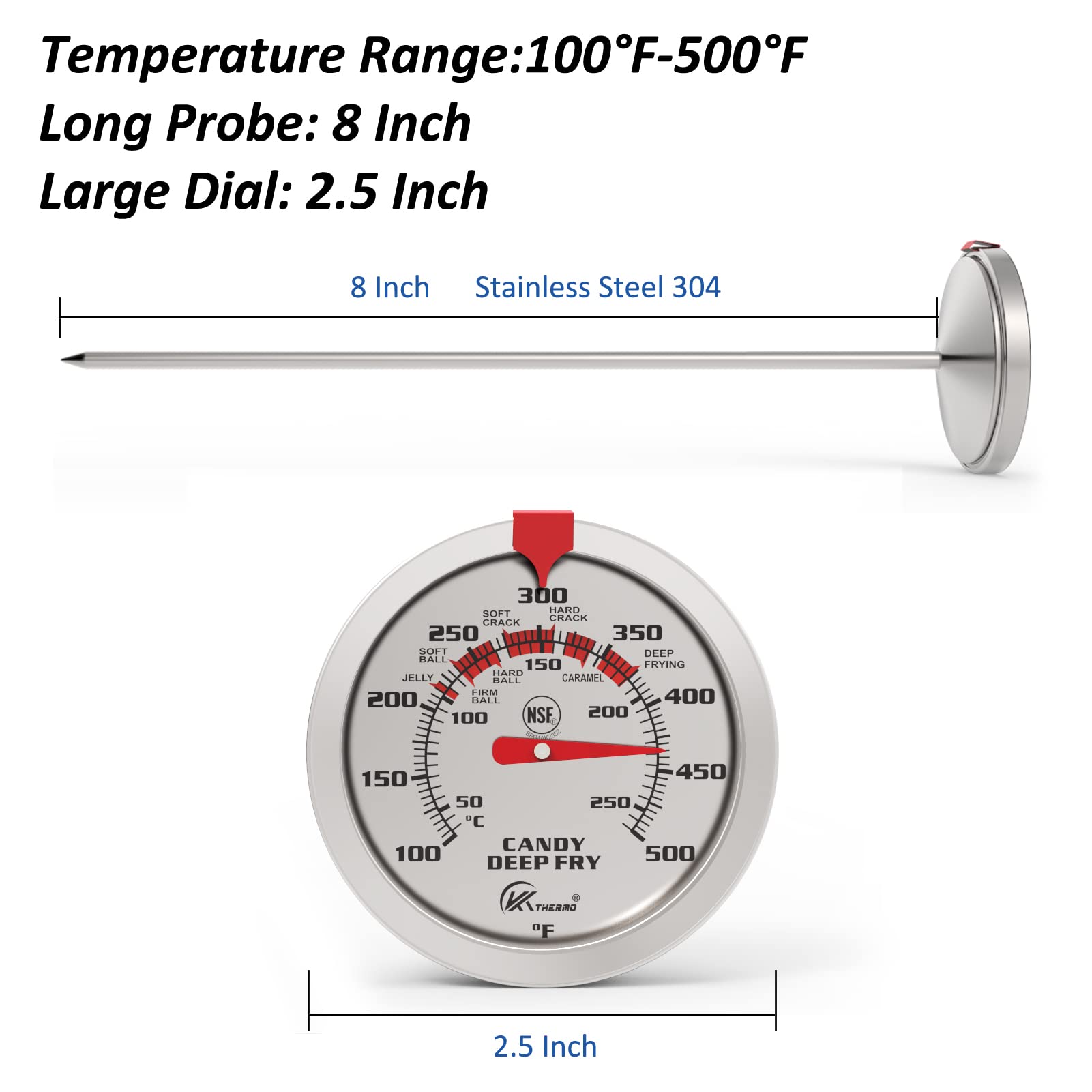 Oven Thermometers and Candy Thermometer with 8” Probe Waterproof dial, no Battery Required, Fast Instant Read Large 2.5" dial, …