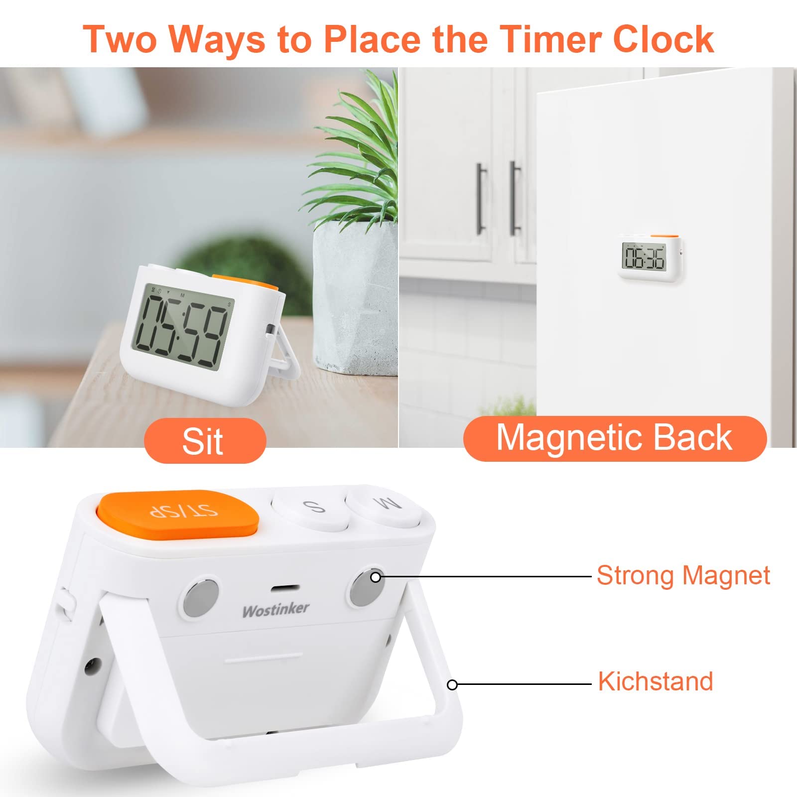 Timer, Strong Magnetic Kitchen Timer, Large Display Big Button Timer, Digital Timer with Adjustable Volume & Memory Function for Cooking, Kids, Teachers, Game and Exercise (1 Pack)