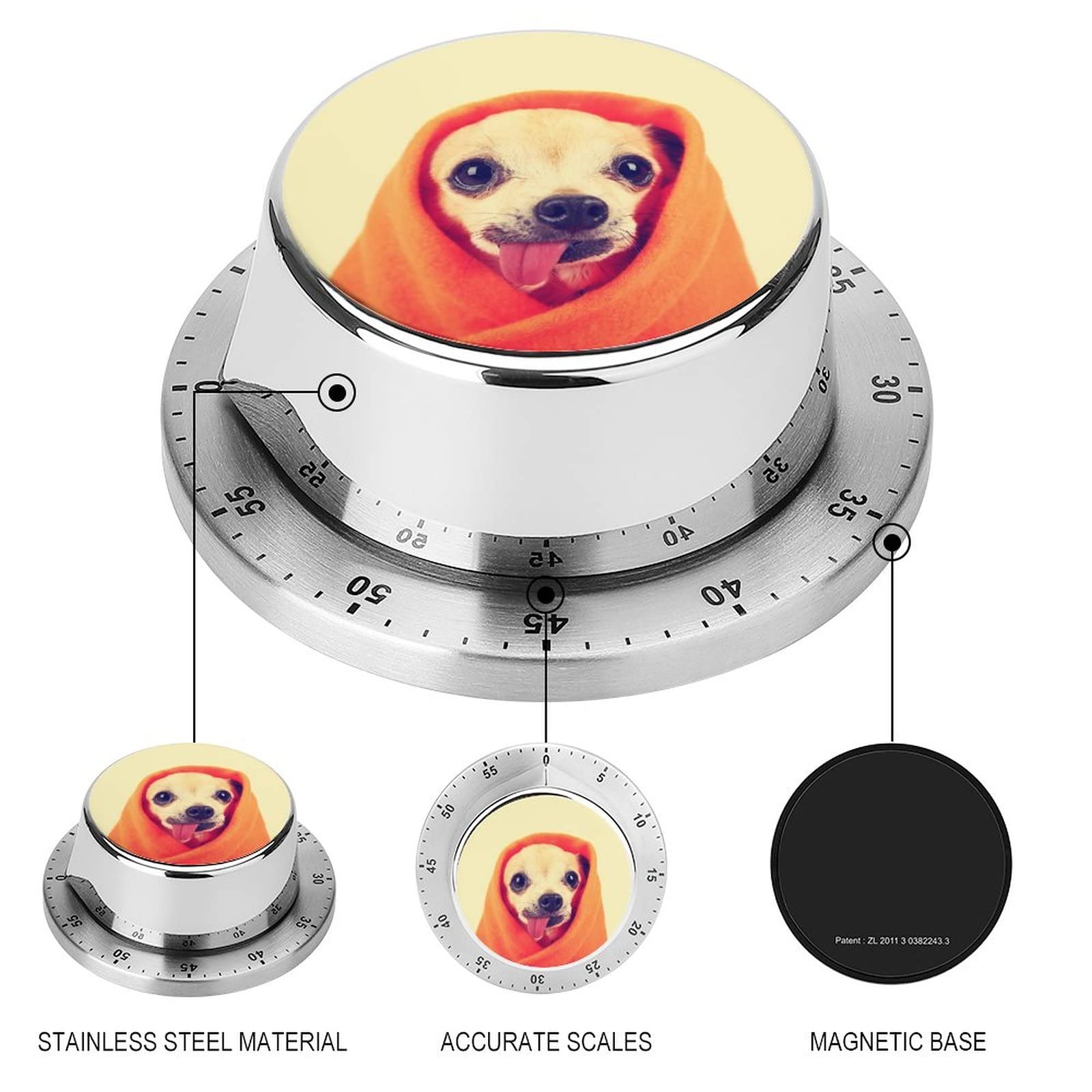 Cute Chihuahua 60 Minute Timer Stainless Steel Wind Up Timer Magnetic Timer Time Management for Cooking Kitchen