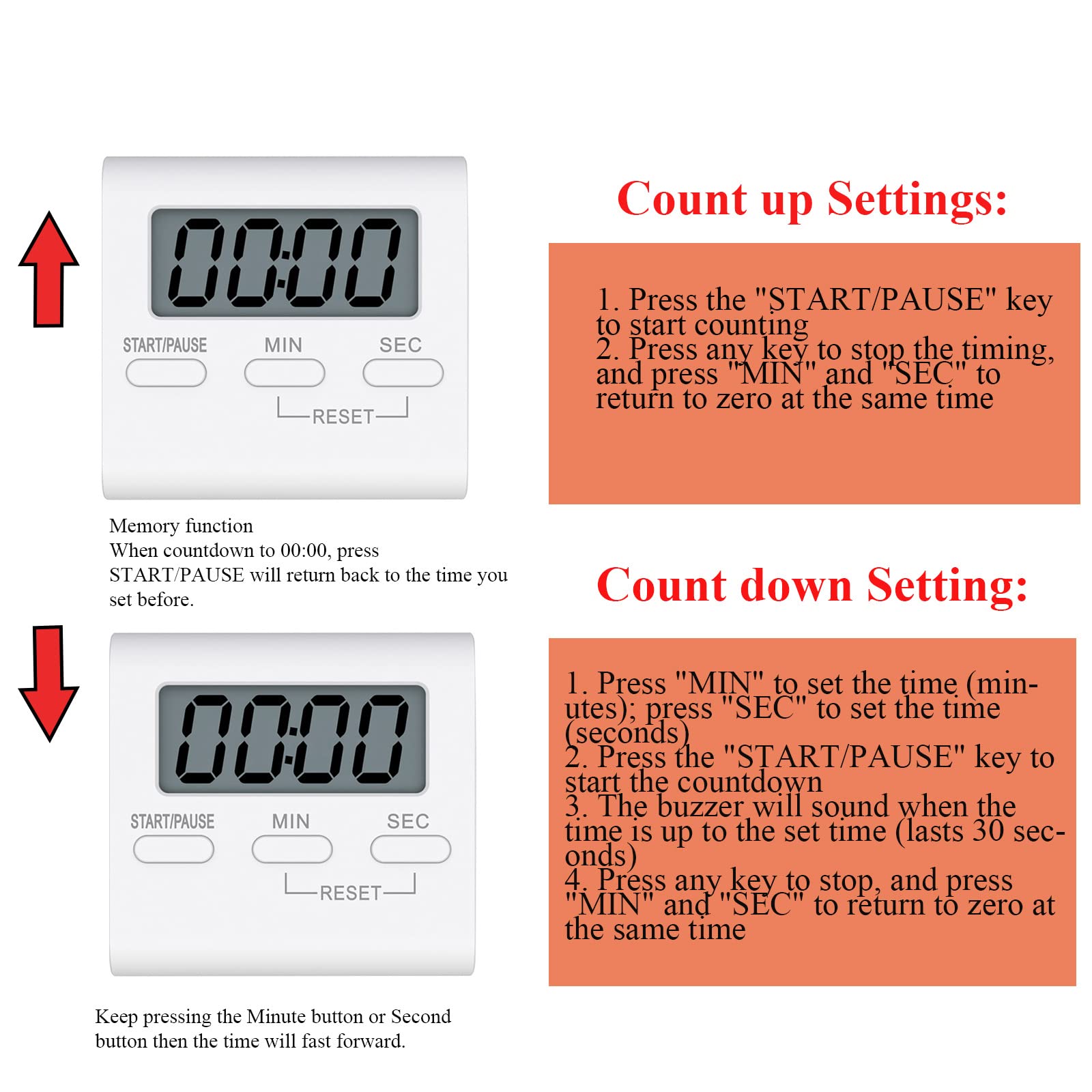 Countdown Timer Alarm Clock Students Training Timing & Digital Kitchen Timer - White 2 Pieces