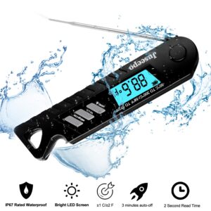 Juseepo Waterproof Digital Meat Thermometer, 2s Fast Instant Read BBQ Thermometer with Backlight Display and Foldable Probe, Suitable for Kitchen, Outdoor BBQ, Steak, Chicken, Coffee and Fried (Black)