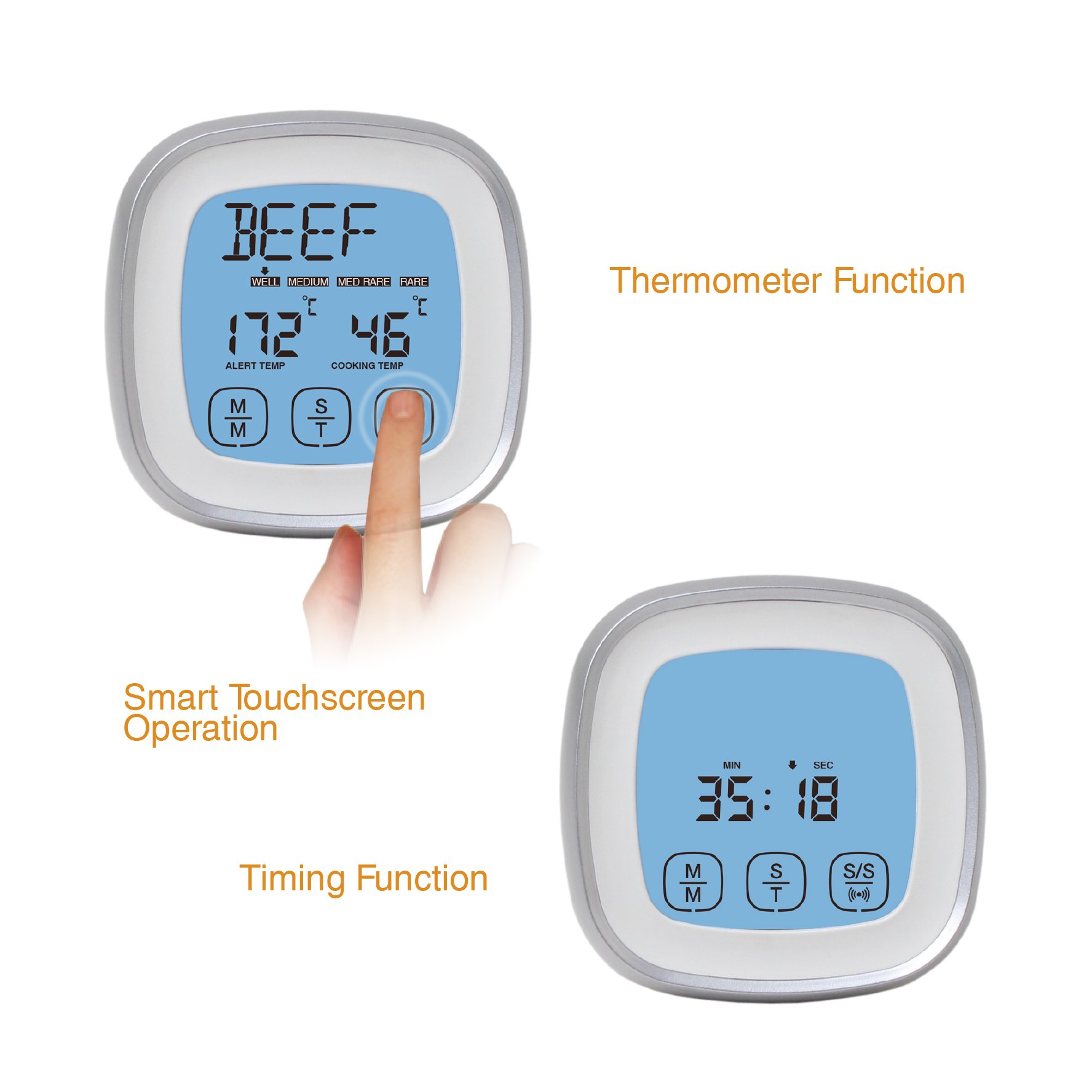 Digital Meat Thermometer for Food in Oven Grill Kitchen, with 1 Stainless Steel Probe and Timer