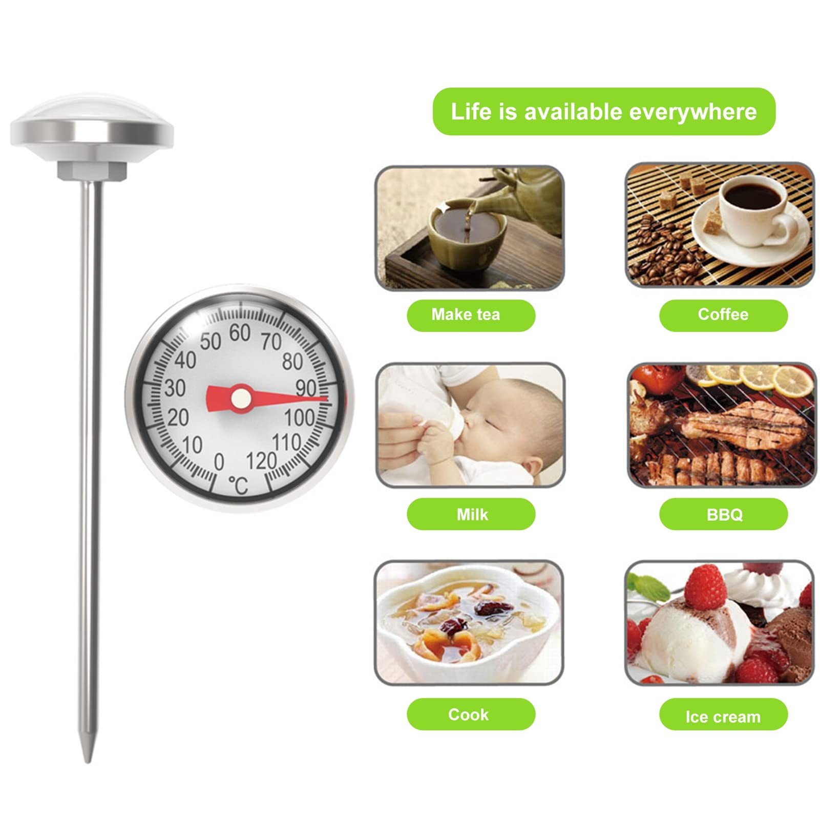 Altsuceser Kitchen Food-Cooking Meat Coffee Thermometer, Physical Sensing Stainless Steel Thermometer for Milk Foam Frothing Chocolate Water Grill, Turkey, BBQ Black