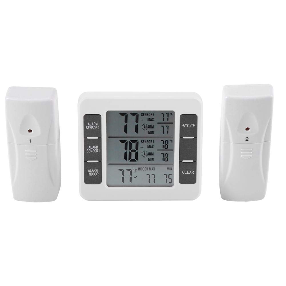 Digital Refrigerater Therometer, Wireless Digital Audible Alarm Fridge Freezer Thermometer with 2PCS Sensor Min/Max Display.