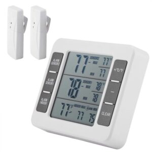 Digital Refrigerater Therometer, Wireless Digital Audible Alarm Fridge Freezer Thermometer with 2PCS Sensor Min/Max Display.