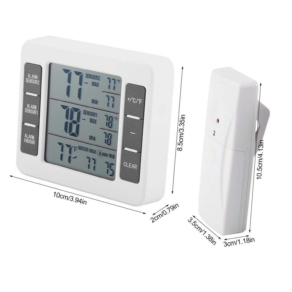 Digital Refrigerater Therometer, Wireless Digital Audible Alarm Fridge Freezer Thermometer with 2PCS Sensor Min/Max Display.