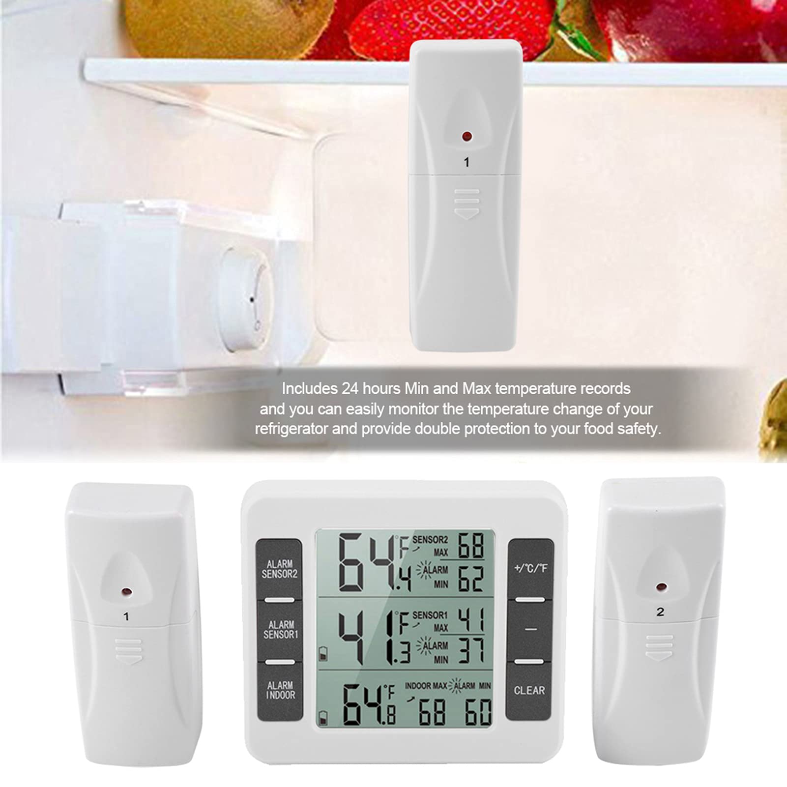 Digital Refrigerater Therometer, Wireless Digital Audible Alarm Fridge Freezer Thermometer with 2PCS Sensor Min/Max Display.