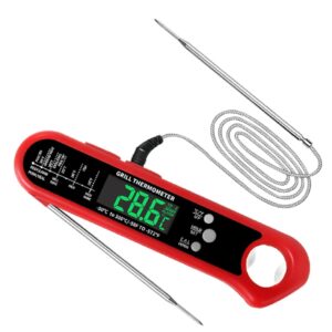 Meat Thermometers, Rayyan Digital Waterproof Food Thermometer with 2 Probes, Alarm Setting, Backlight Screen, Temp Chart and Magnet, Kitchen Cooking, Milk, BBQ, Water, Meat (Red)