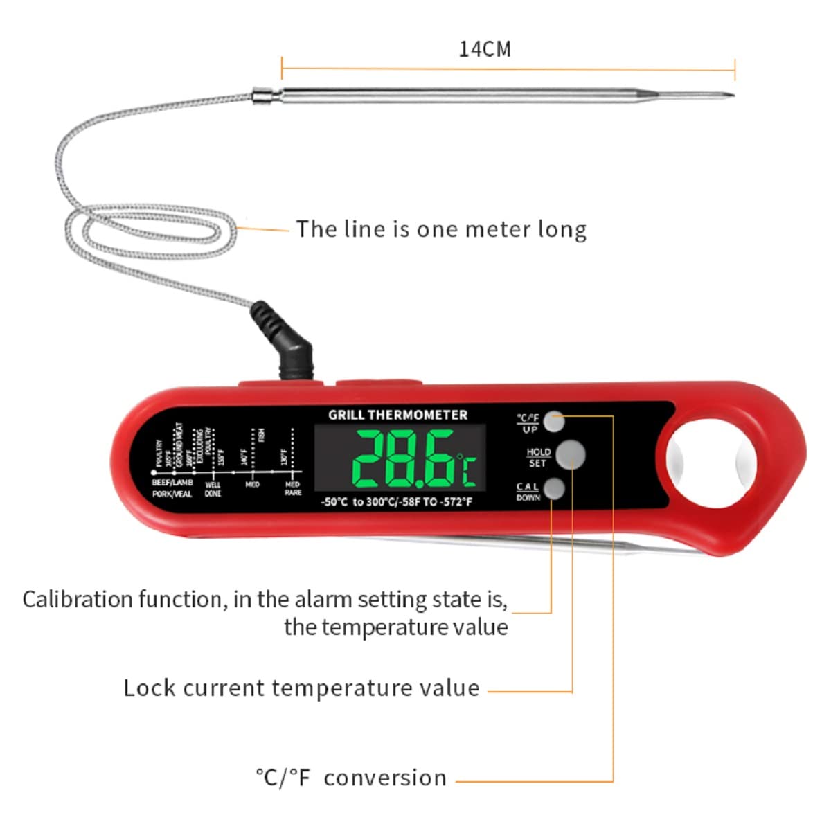 Meat Thermometers, Rayyan Digital Waterproof Food Thermometer with 2 Probes, Alarm Setting, Backlight Screen, Temp Chart and Magnet, Kitchen Cooking, Milk, BBQ, Water, Meat (Red)