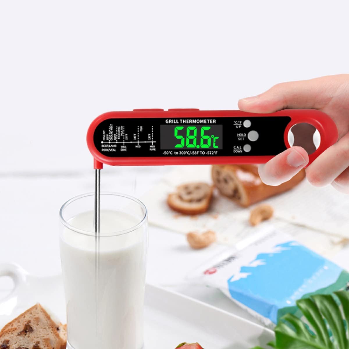 Meat Thermometers, Rayyan Digital Waterproof Food Thermometer with 2 Probes, Alarm Setting, Backlight Screen, Temp Chart and Magnet, Kitchen Cooking, Milk, BBQ, Water, Meat (Red)