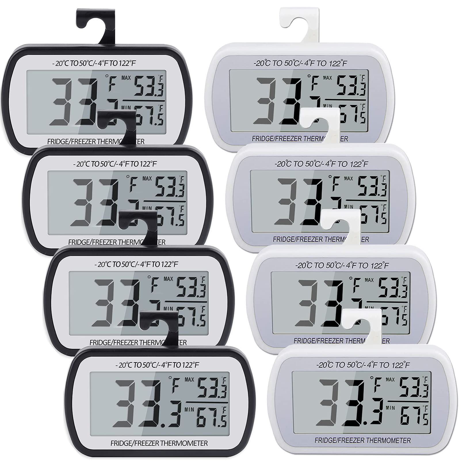 AEVETE 8 Pack Waterproof Digital Refrigerator Thermometer Large LCD, Freezer Room Thermometer with Magnetic Back, No Frills Easy to Read