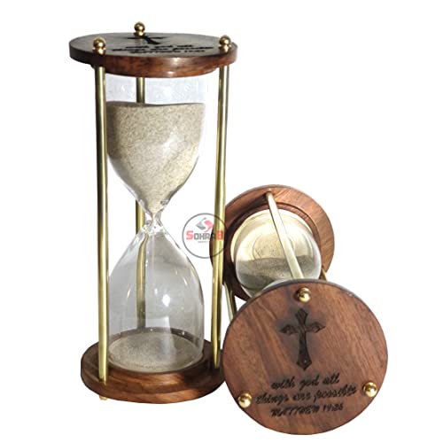 Rosewood Brass Hourglass with Qoute with god All Things are Possible 7 inches 30 Minute Sand Timer | Sand Clock | Timer with Sparkling Natural Sand for Home & Kitchen Office Table Desk