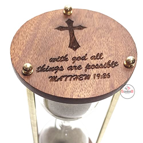 Rosewood Brass Hourglass with Qoute with god All Things are Possible 7 inches 30 Minute Sand Timer | Sand Clock | Timer with Sparkling Natural Sand for Home & Kitchen Office Table Desk