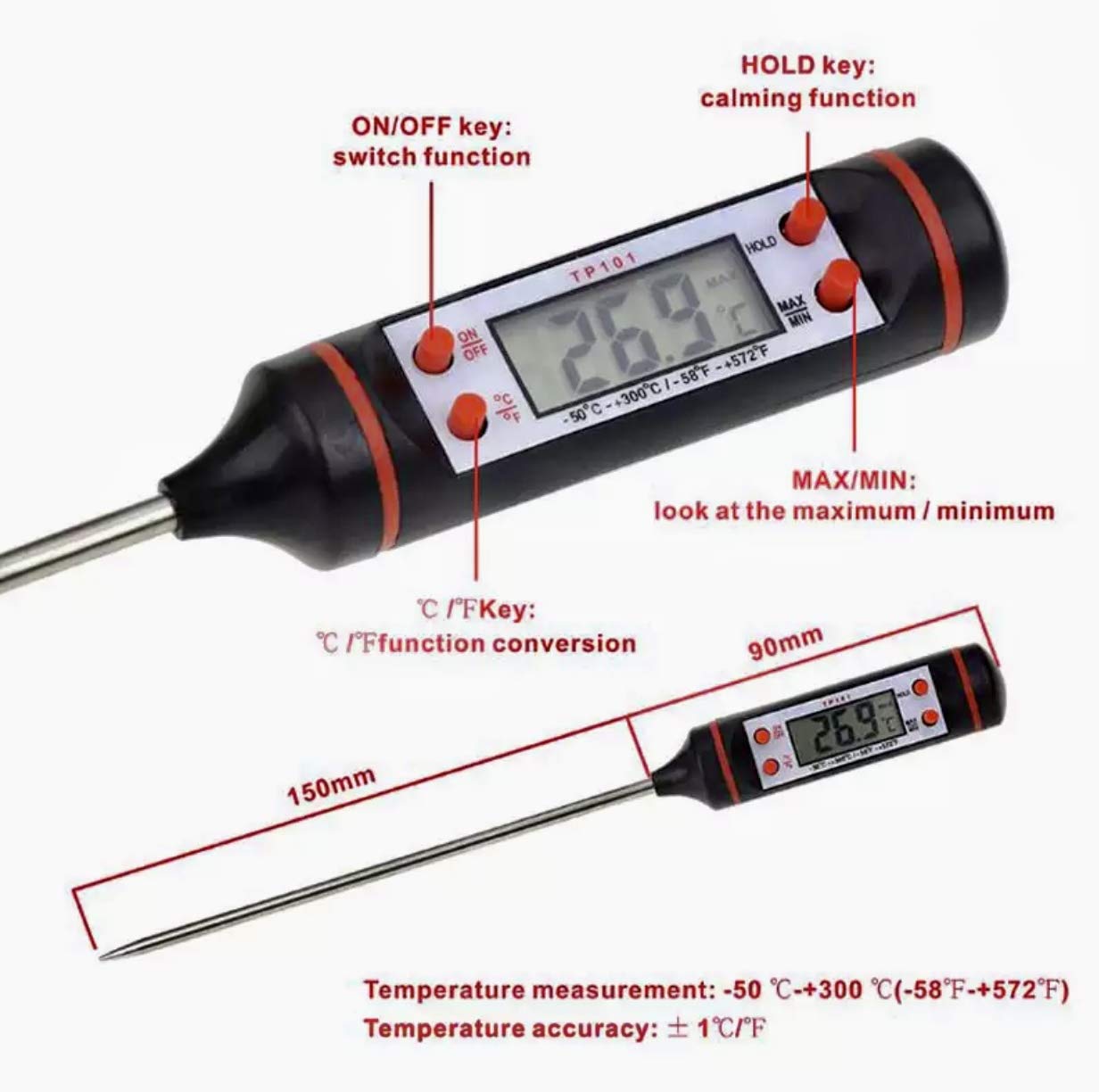 Digital Kitchen Thermometer Coffee Thermometer Tea Thermometer Food Thermometer Waterproof Digital Instant Read Meat Thermometer with Long Probe for Liquid, Candle, Food, Milk, Fry, Candy, Roast