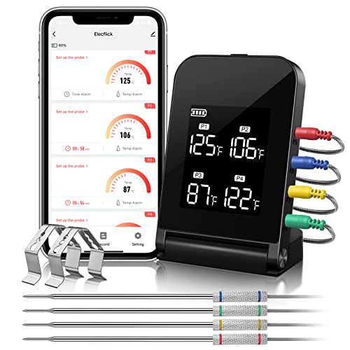 Wireless Bluetooth Meat Thermometer Probe: 4 Food Temp Probes for Cooking and Grilling - Smart Digital Internal BBQ Thermometer with App - Kitchen Temperature Monitoring for Oven Grill Barbecue Smoker