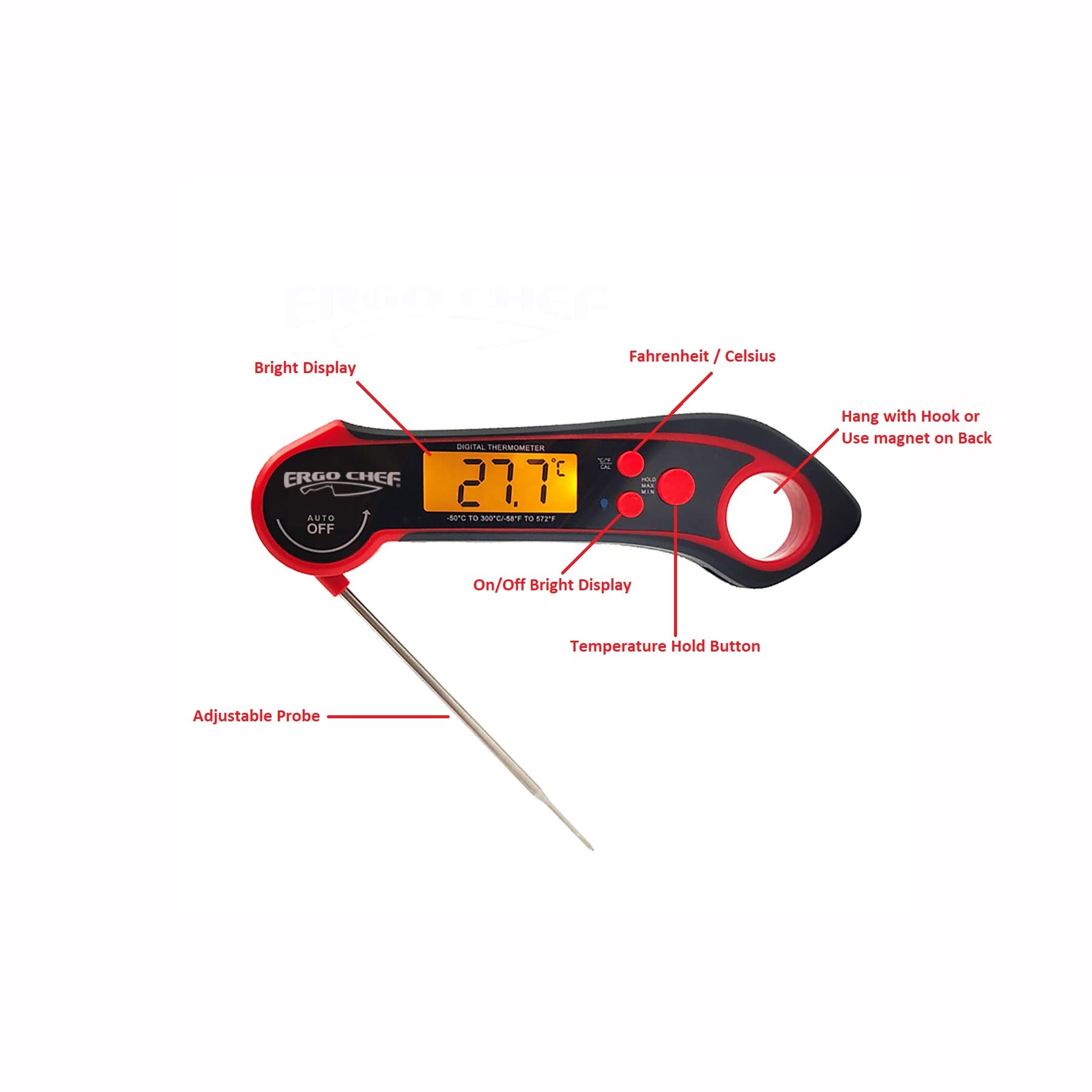 Ergo Chef Digital Instant Read Meat Thermometer- Foldable Probe, Water-Resistant, Backlight, Indoor and Outdoor - Magnet, BBQ, Smoking, Grilling, Deep Fry, Baking & Liquids