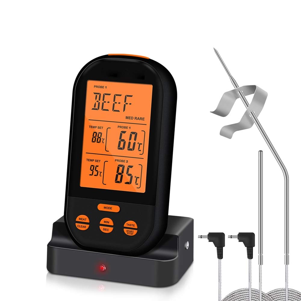 Excellent Home 230 Feet Wireless Range Grill Oven Meat Thermometer with Timer and LCD Backlight Waterproof Dual Probe Kitchen Cooking Food Thermometer